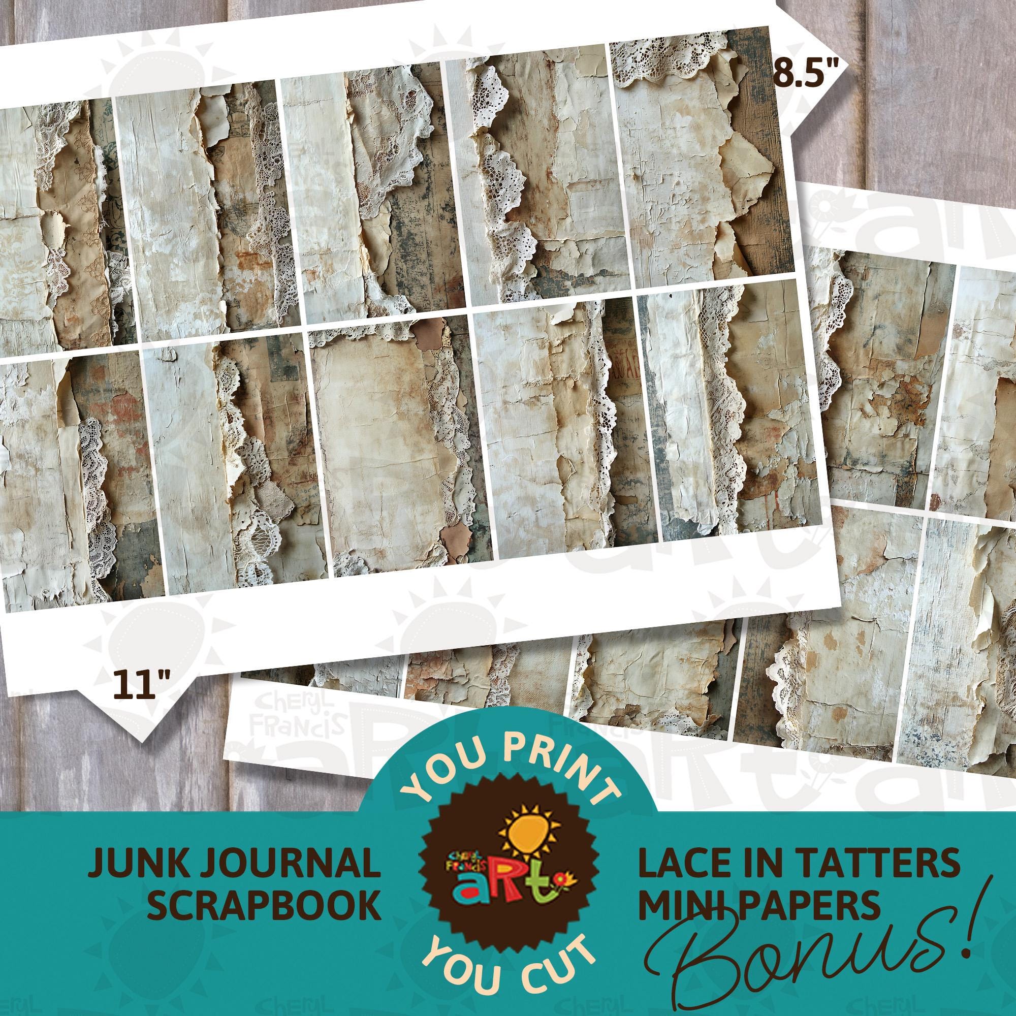 Neutral Tattered Lace and Torn Paper Junk Journal Half Page Printable ...