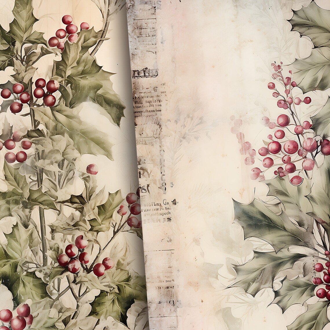 Rustic Christmas Holly Printable Junk Journal Half Papers, Scrapbook ...