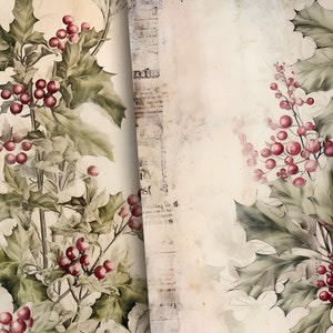 Rustic Christmas Holly Printable Junk Journal Half Papers, Scrapbook ...