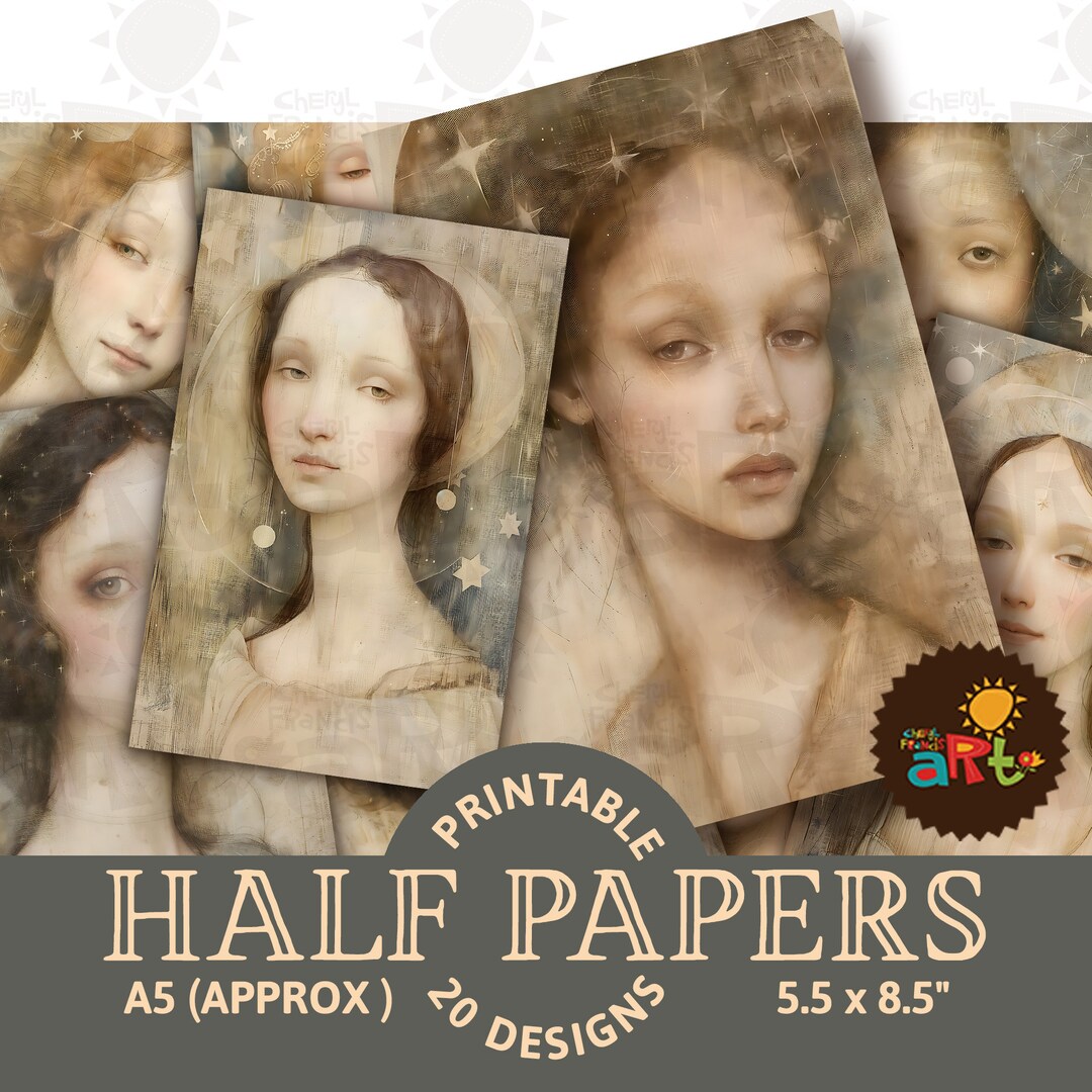 Junk Journal Half Page Printable Painted Portrait of Girl With Stars ...