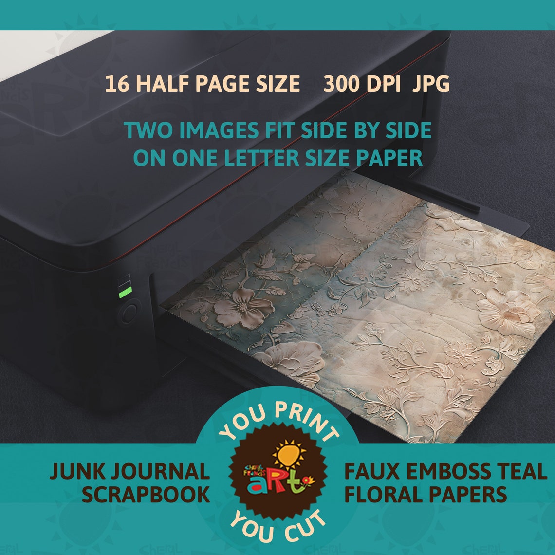 Faux Emboss Floral Teal and Beige Printable Junk Journal Half Paper ...