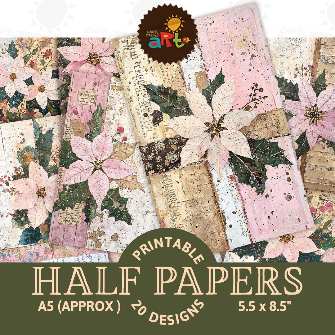 Pink Poinsettia Christmas Holiday Pretty Floral Printable Collage Junk ...