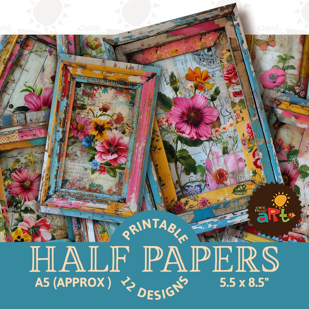 Funky Floral Frame Background Printable Junk Journal Half Page, Collage ...