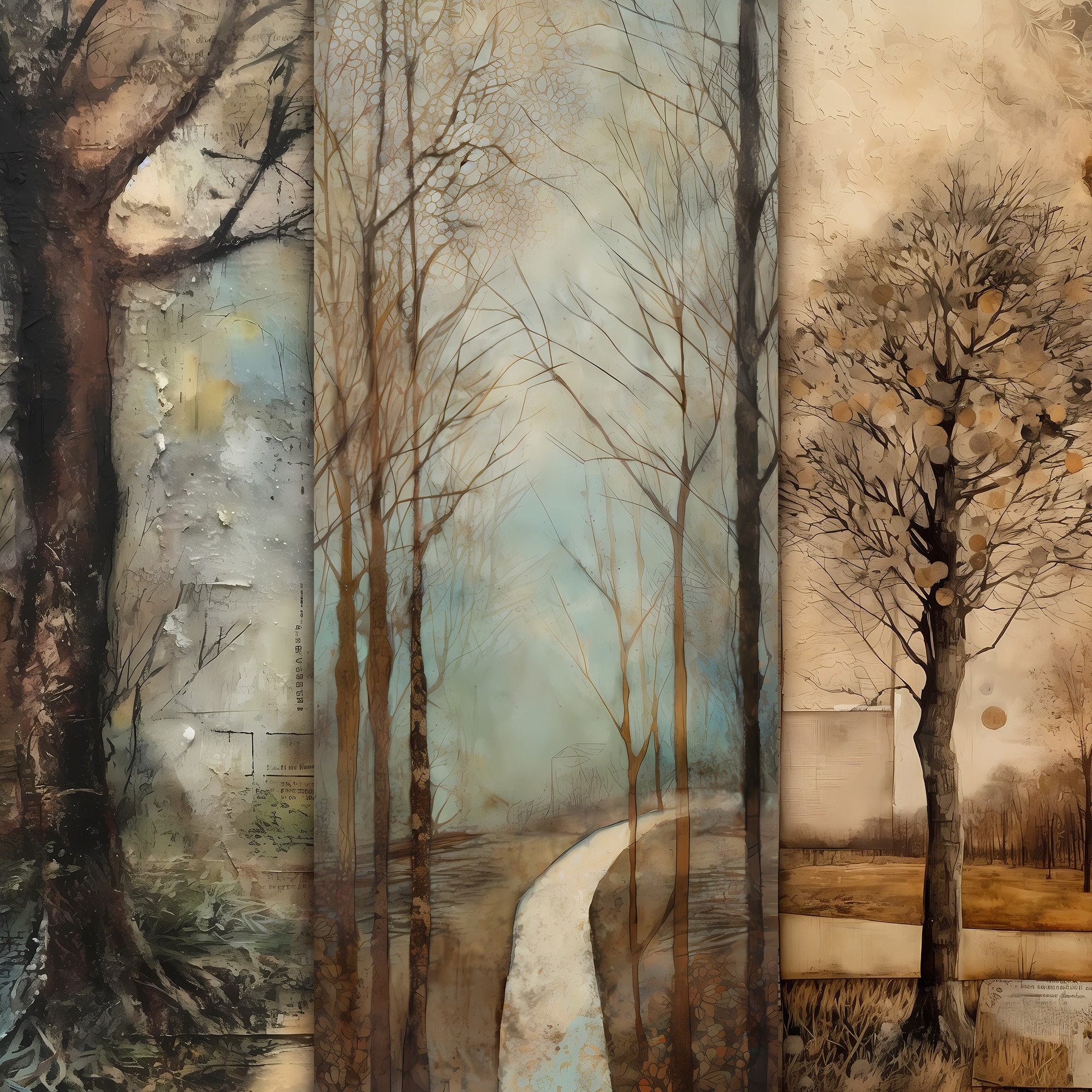 Tree Lined Path Collage Printable Tall Slim Junk Journal Papers for ...