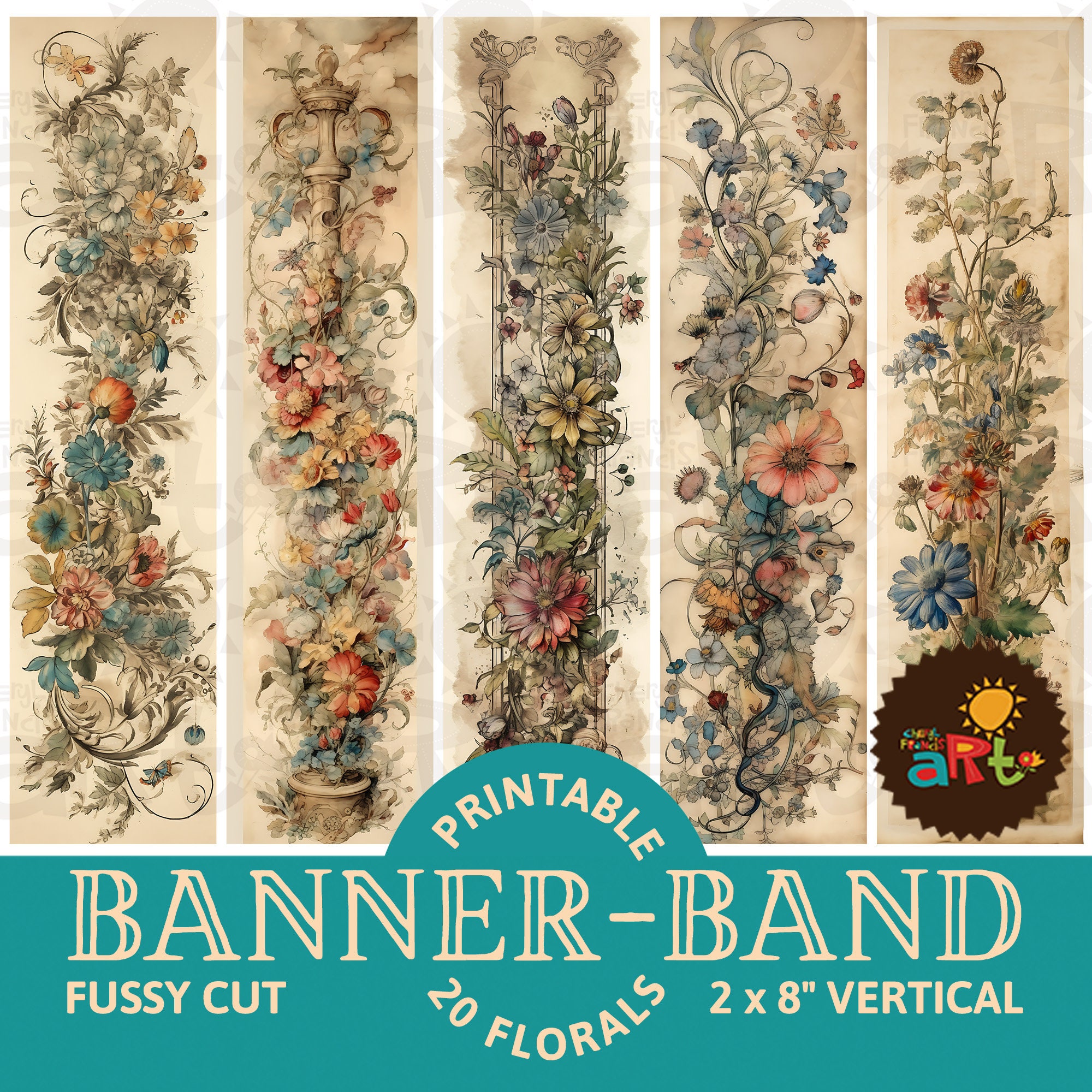 Vertical Floral Band Page Decoration, Junk Journal Printable Papers ...