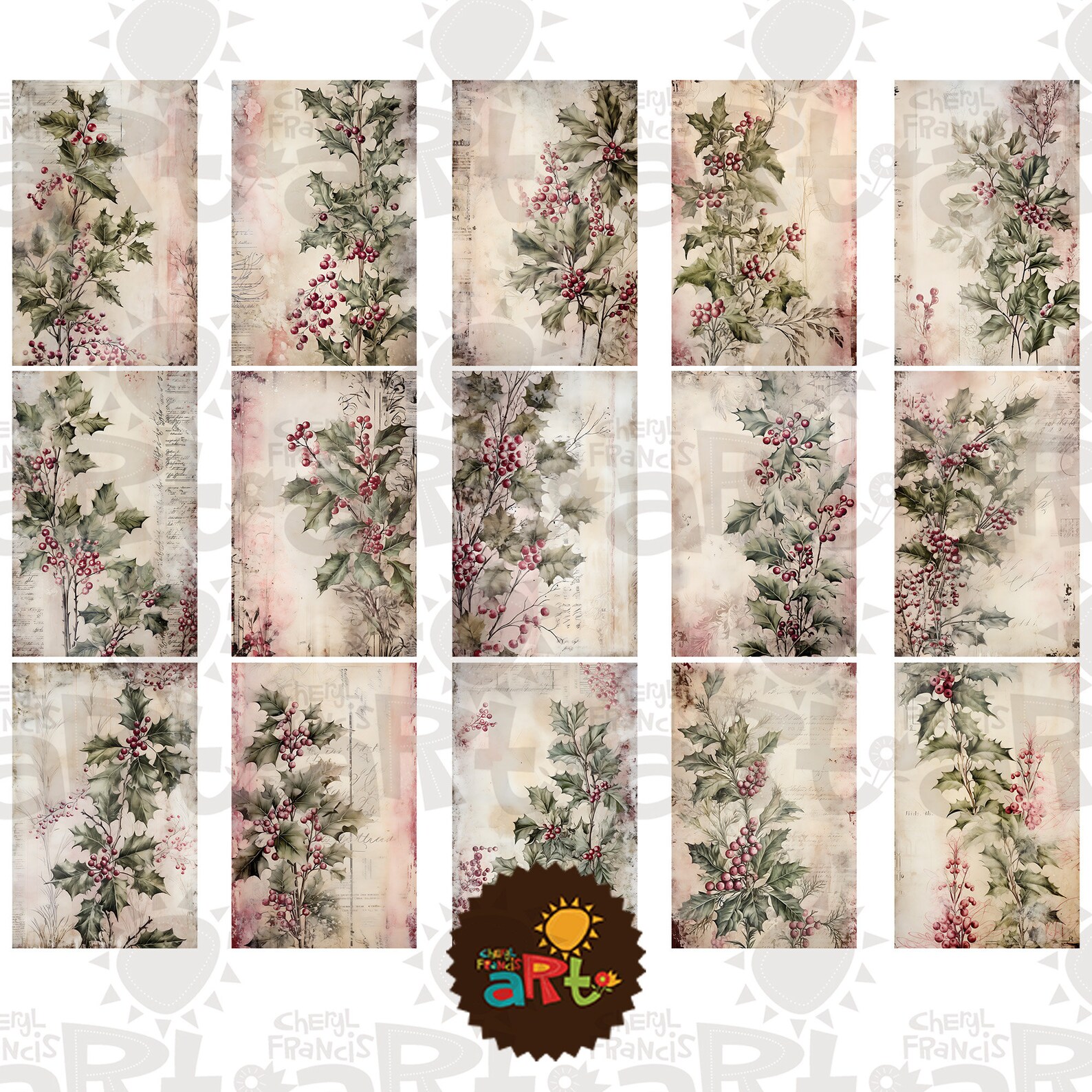 Rustic Christmas Holly Printable Junk Journal Half Papers, Scrapbook ...
