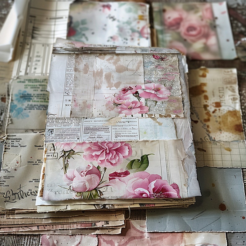 Junk Journal Half Paper Pink Floral on White Cabincore Collage ...