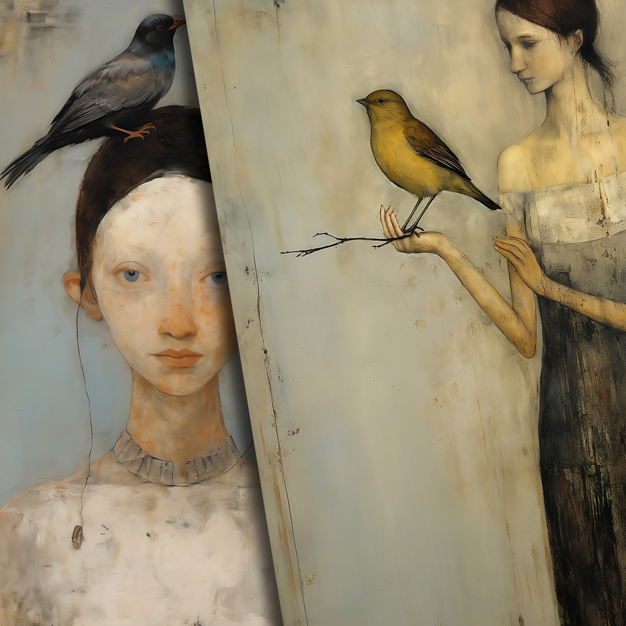 Bird and Girl Portrait Paper Collage Printable Junk Journal Half Papers ...
