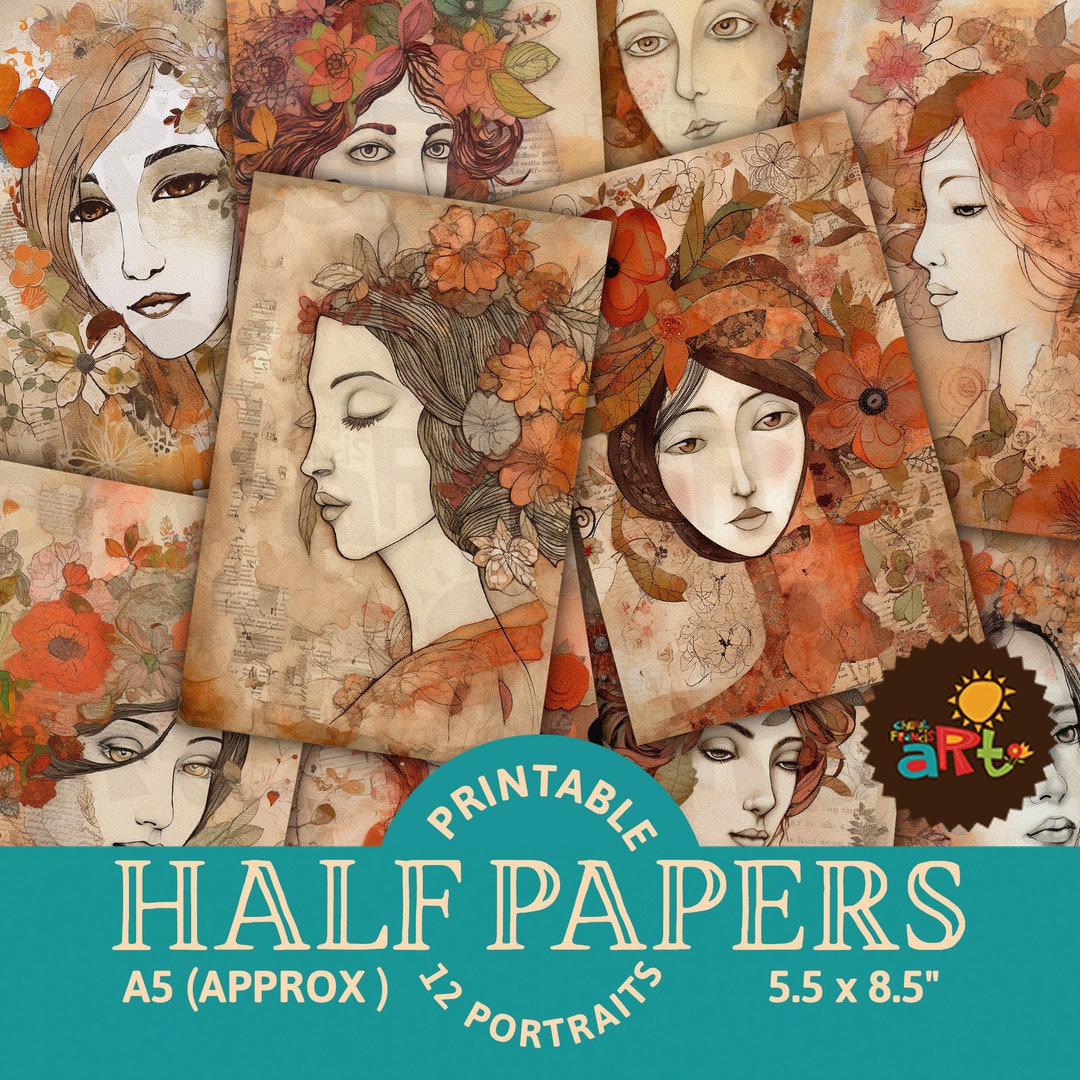 Floral Girl Portrait Collage Printable Junk Journal Half Papers ...