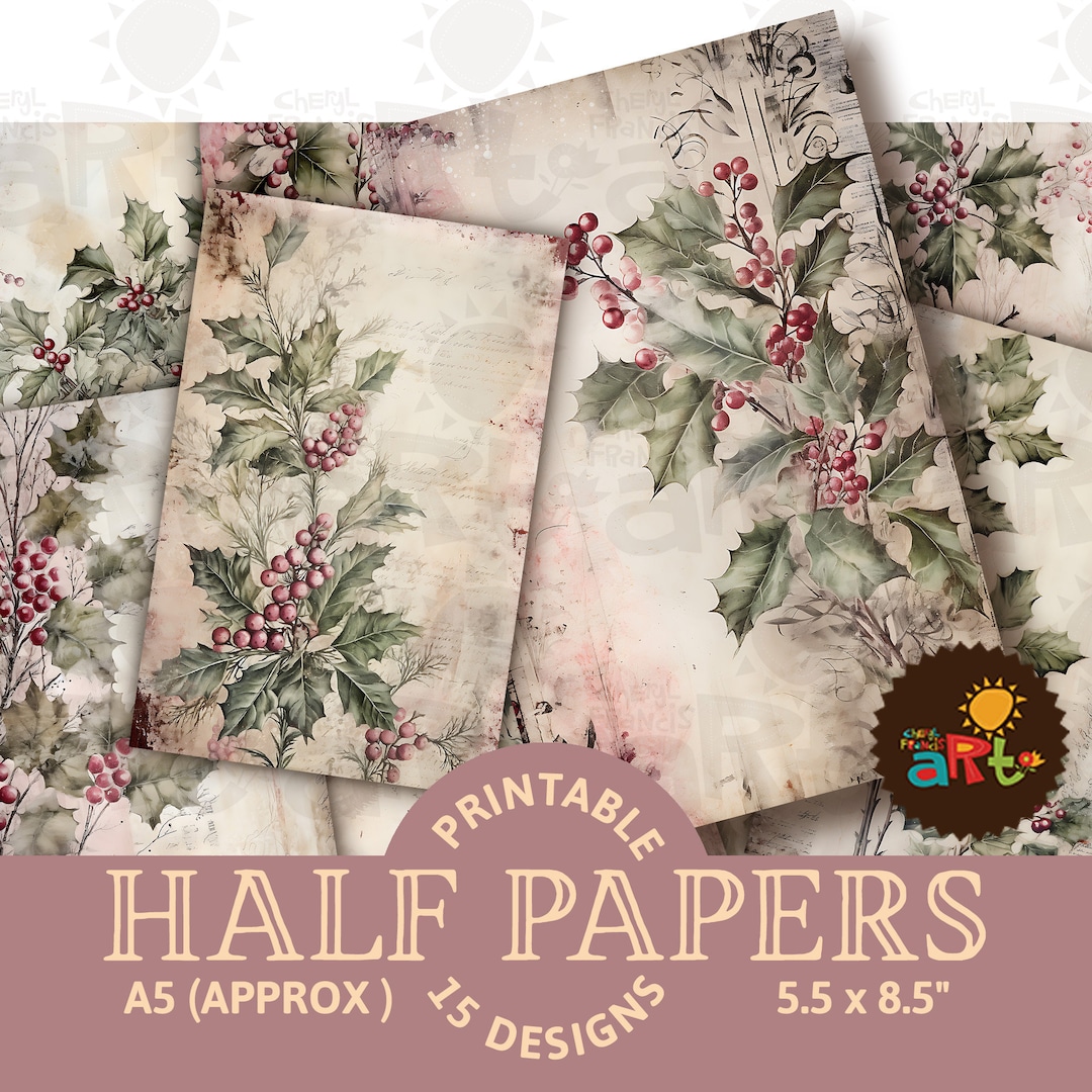Rustic Christmas Holly Printable Junk Journal Half Papers, Scrapbook ...