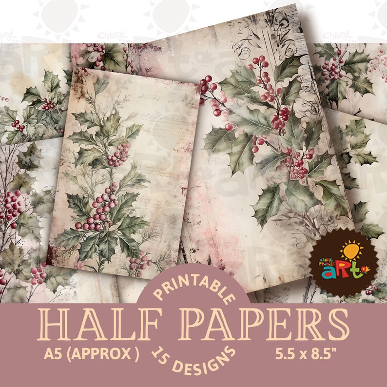 Rustic Christmas Holly Printable Junk Journal Half Papers, Scrapbook ...