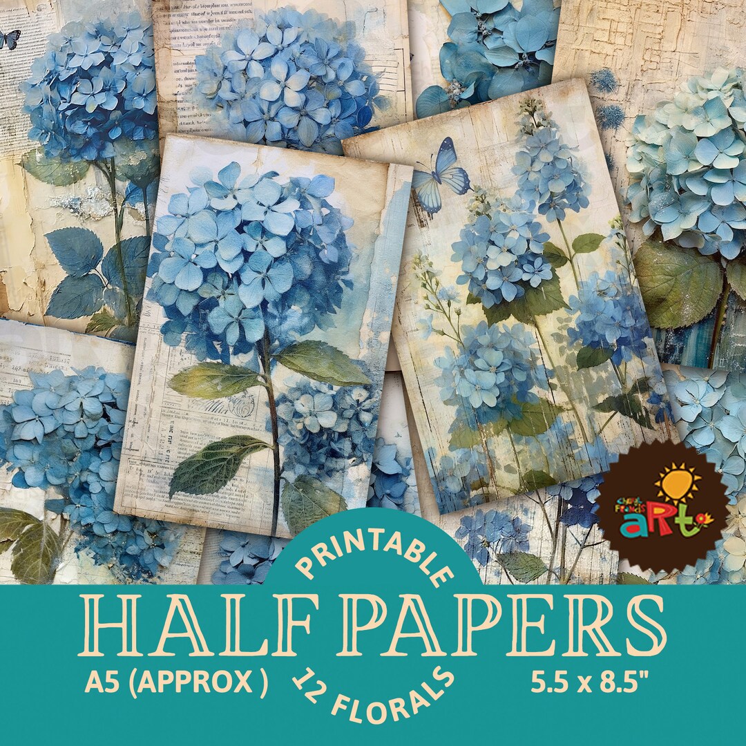 Blue Hydrangea Printable Junk Journal Half Papers, Floral Art on ...