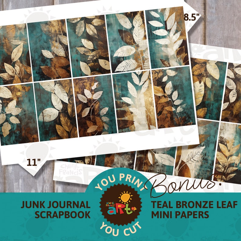 Painted Leaves, Teal and Bronze Collage Printable Junk Journal Half ...