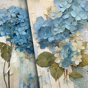 Blue Hydrangea Printable Junk Journal Half Papers, Floral Art on ...