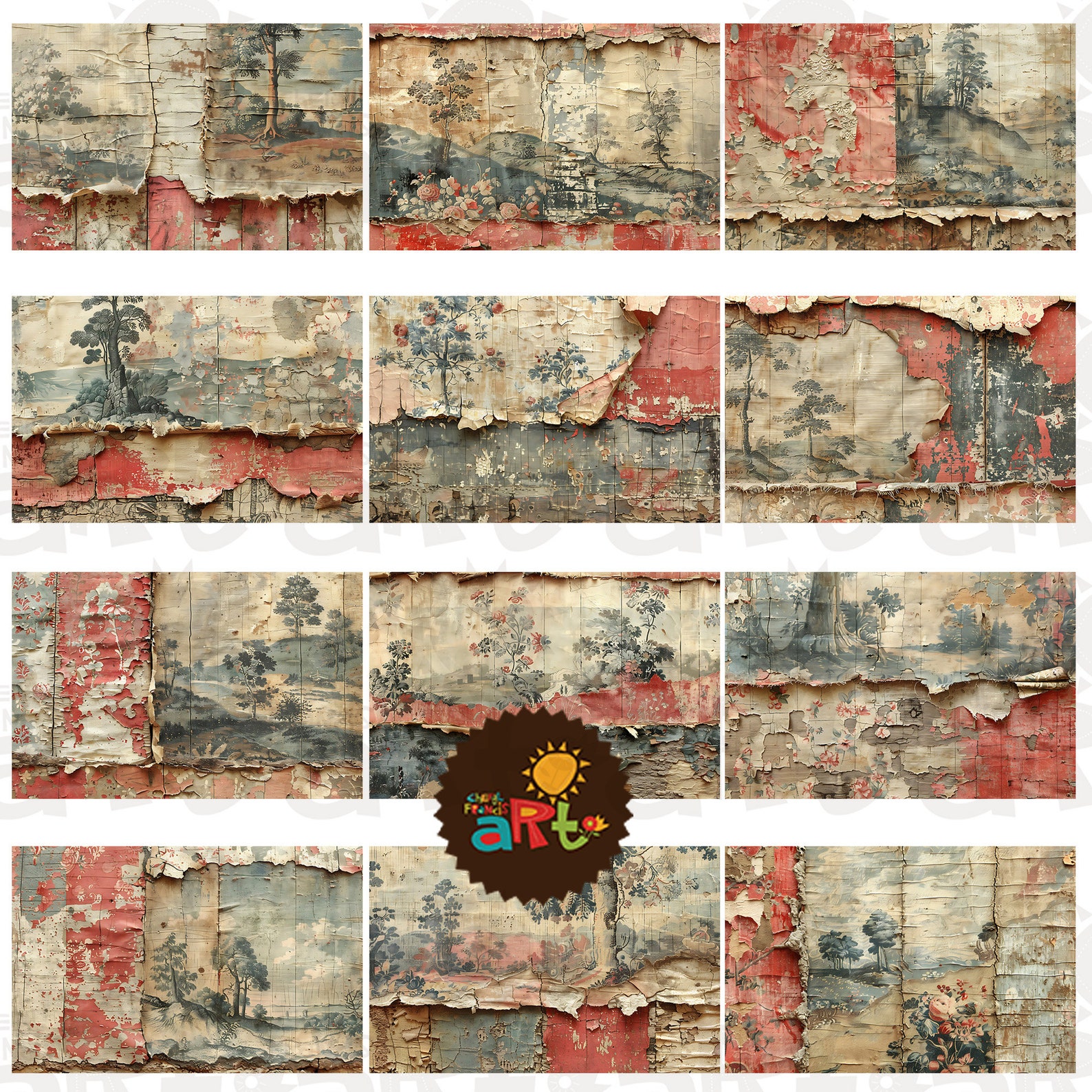 Torn Paper Tapestry Wallpaper Collage Printable Junk Journal Horizontal ...