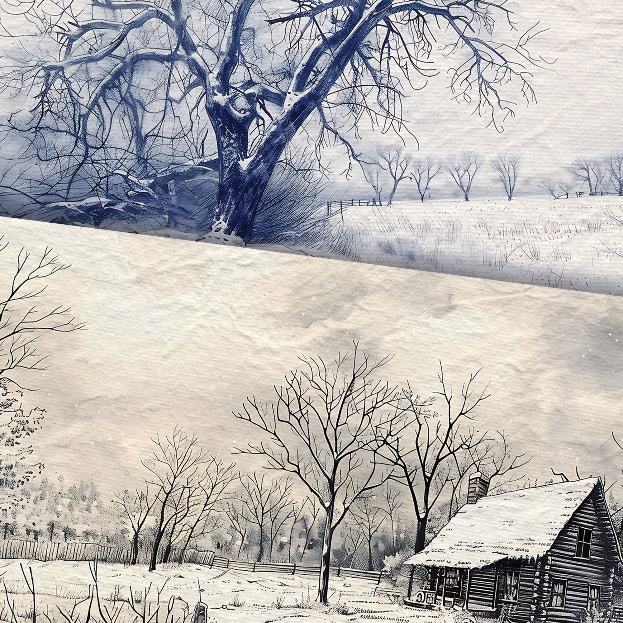 Snowy Rural Country Scenery Printable Junk Journal Horizontal Half ...