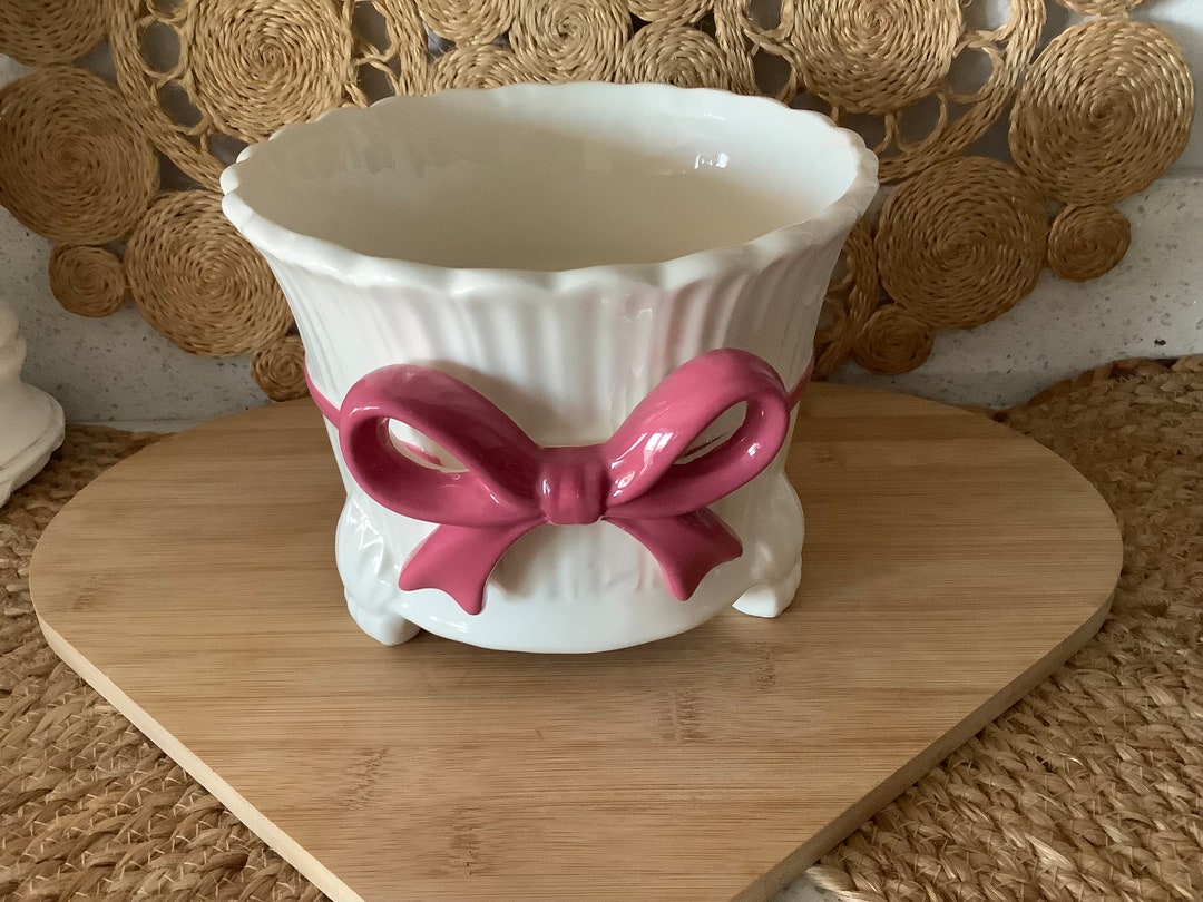 Vintage Creamy White Planter, Pink Bow Planter, Footed Planter, Cottage ...