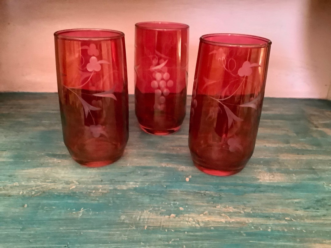 Ruby Red Tea/juice Drinking Glasses, Acid Etched Berries, 1960s, Set of ...