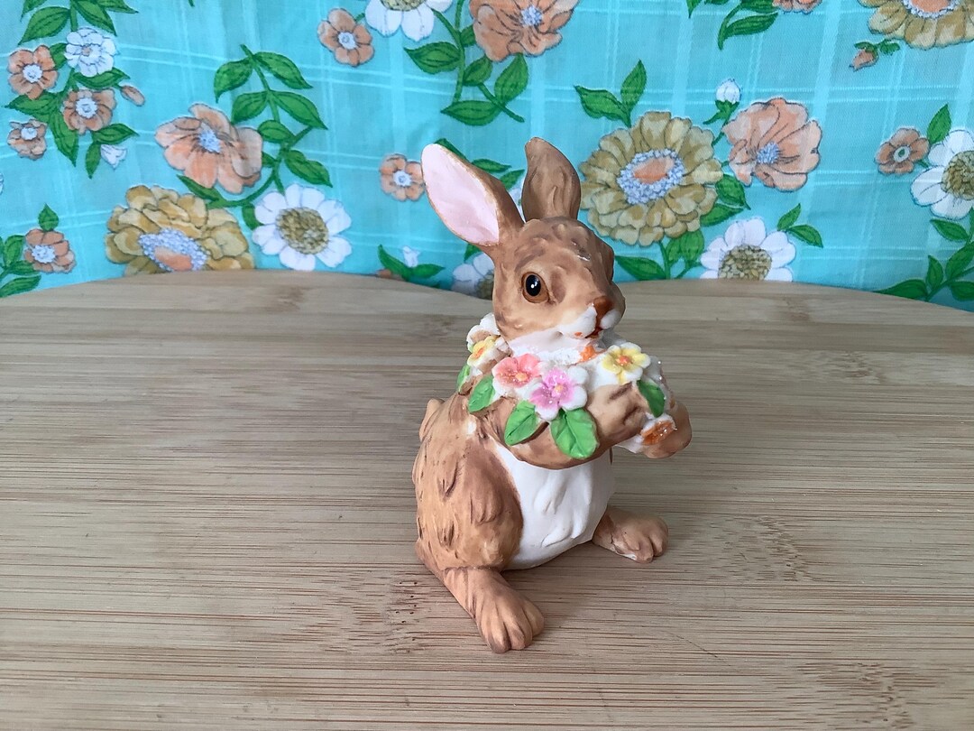Sweet Ceramic Brown Bunny Figurine, Springtime Flower Wreathe, Rabbit ...