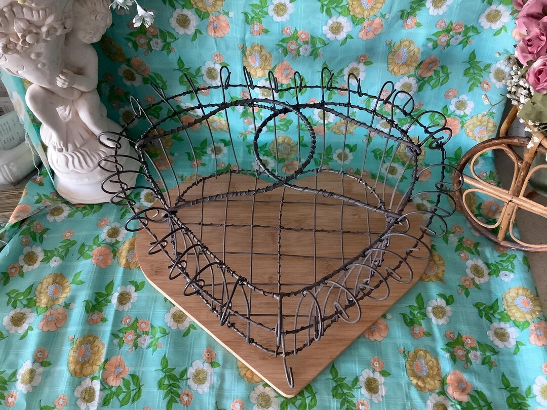 Large Rustic Metal Wire Heart Basket With Handles, Heavy Heart Basket ...