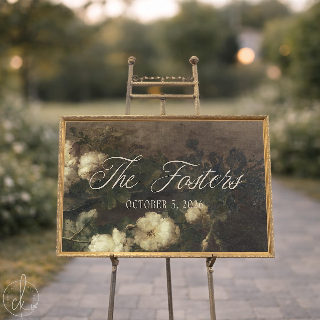 Wedding Last Name Sign | Moody Floral Print, Gold Frame | Custom ...