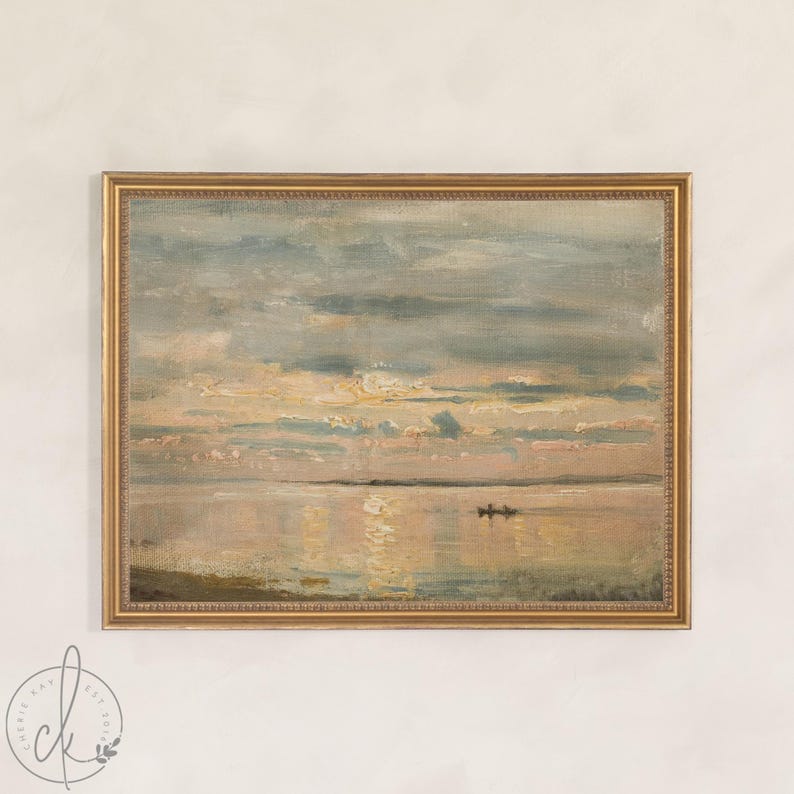 Beach Sunset Art | Vintage Coastal Landscape | Pastel Seascape on ...