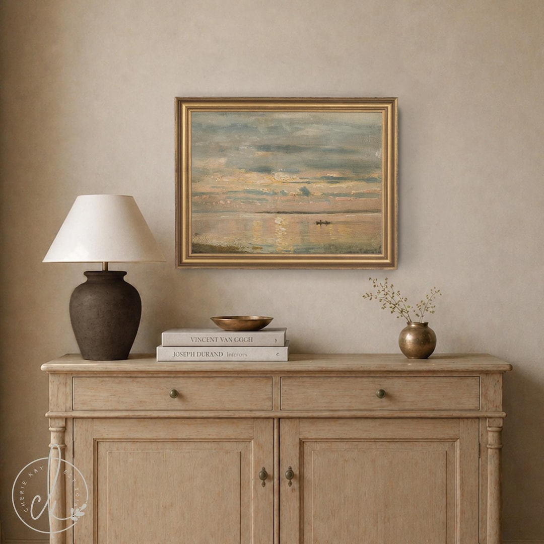 Beach Sunset Art | Vintage Coastal Landscape | Pastel Seascape on ...