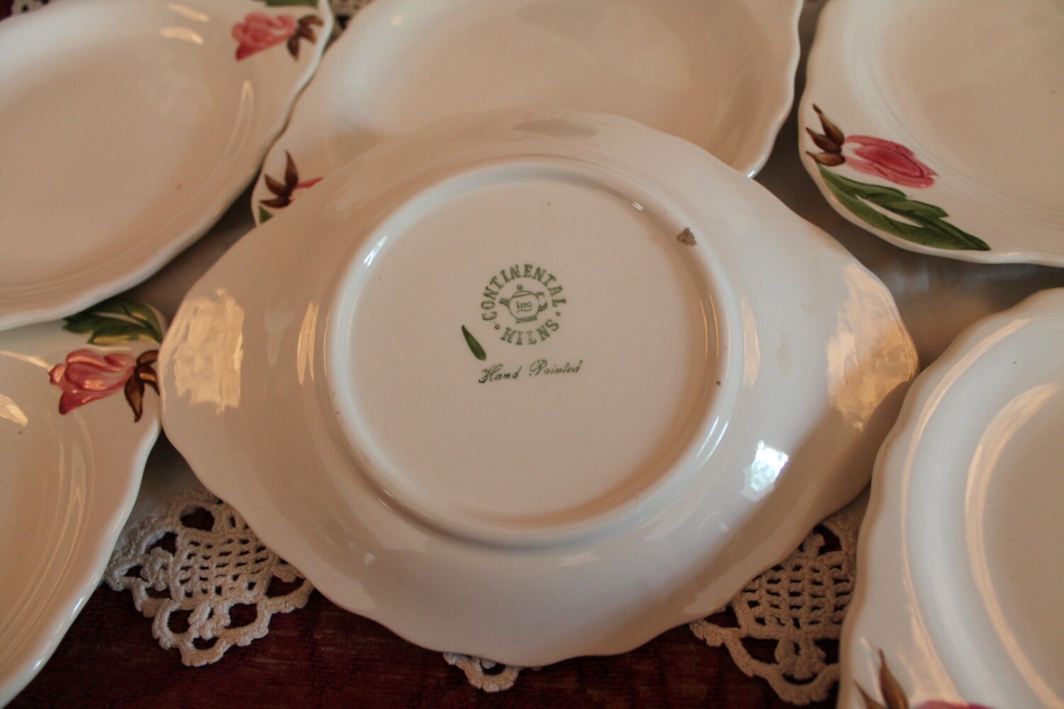 Set of 8 Continental Kilns USA Hand Painted Green Arbor 6.5" Dessert or ...