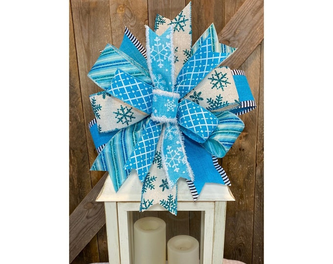 Blue Winter Bow for Lantern, Snow Wreath Bow, Blue and White Snowflake ...