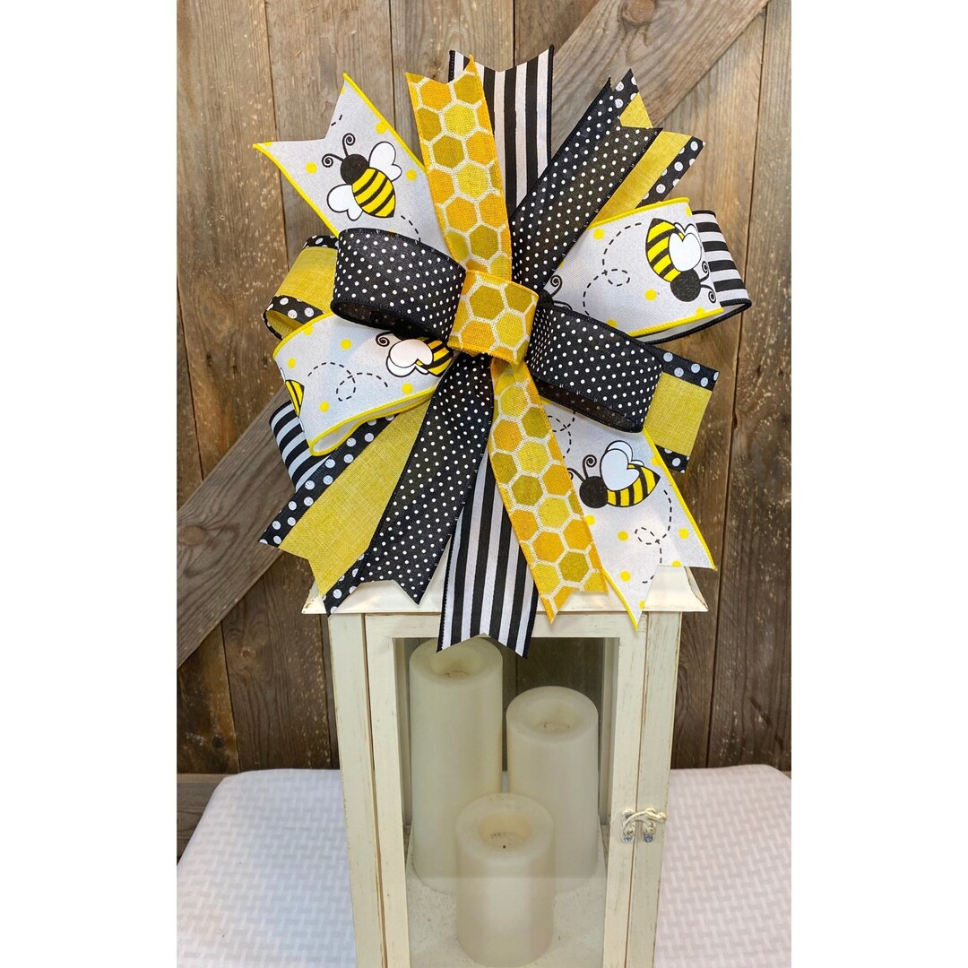 Spring Bee Bow for Lantern, Yellow Summer Ribbon Bow for Wreath, Bee ...