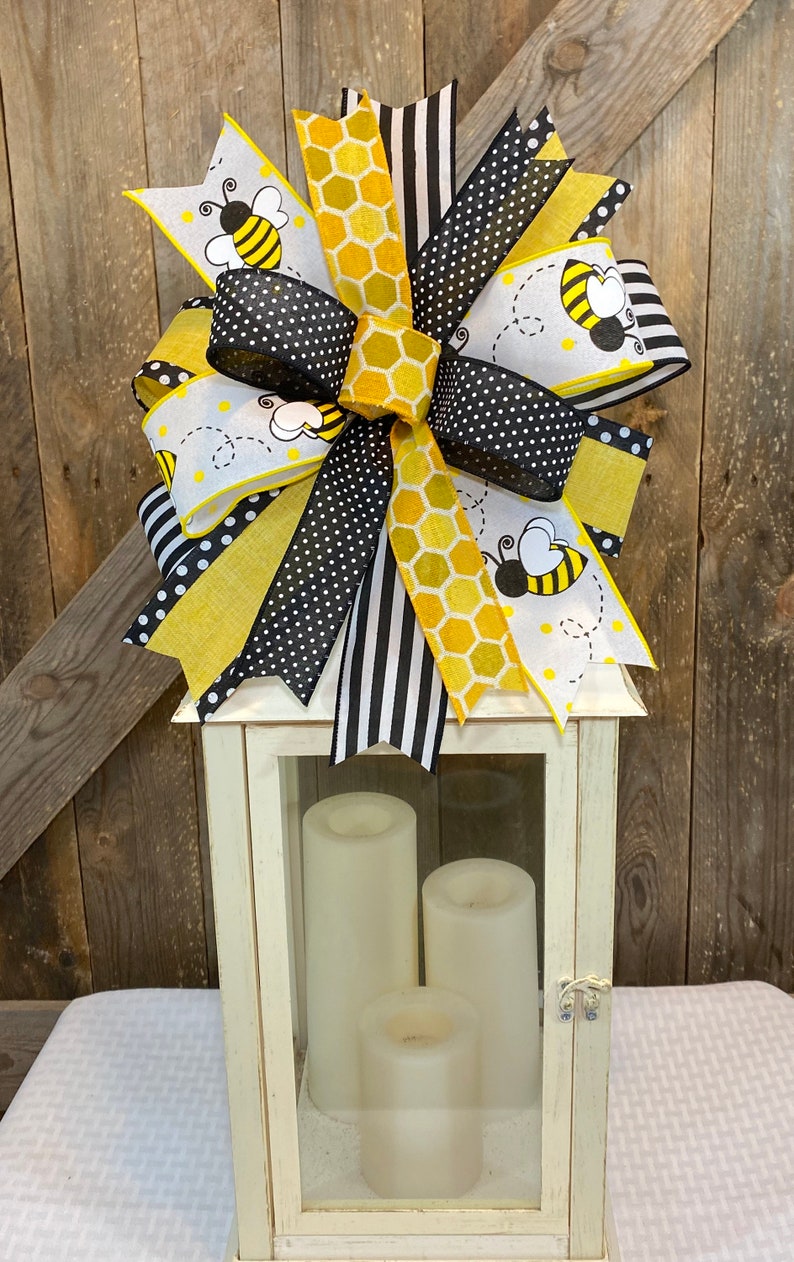 Spring Bee Bow for Lantern, Yellow Summer Ribbon Bow for Wreath, Bee ...