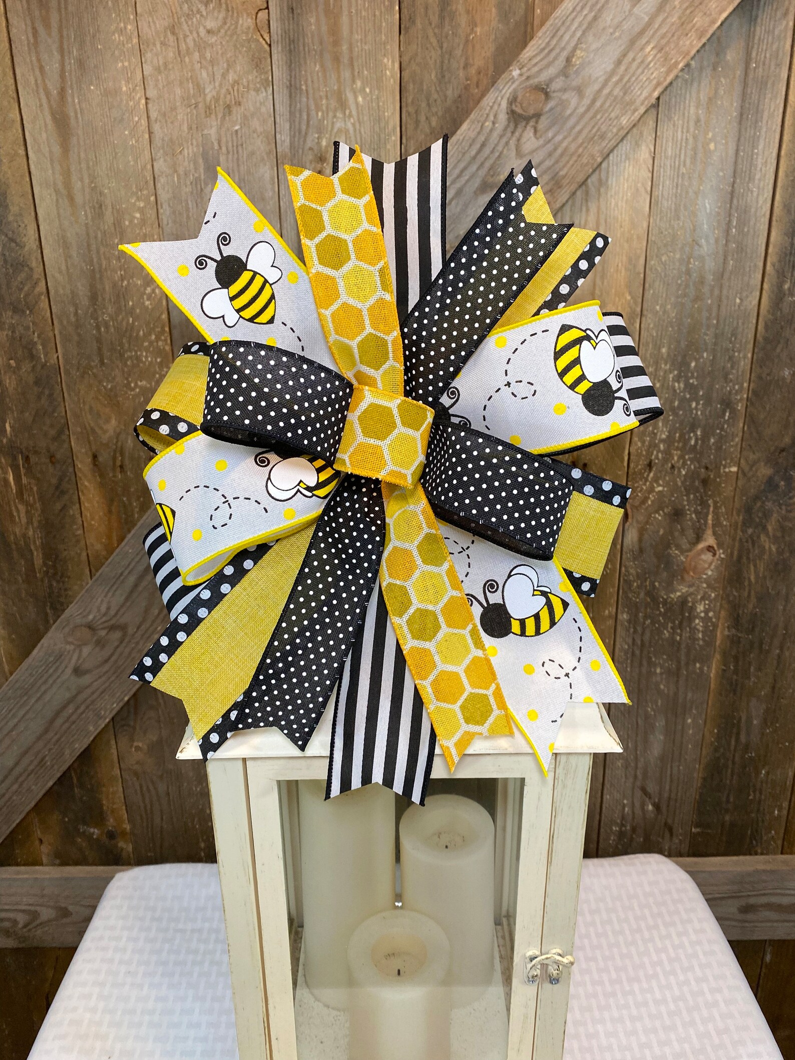 Spring Bee Bow for Lantern, Yellow Summer Ribbon Bow for Wreath, Bee ...