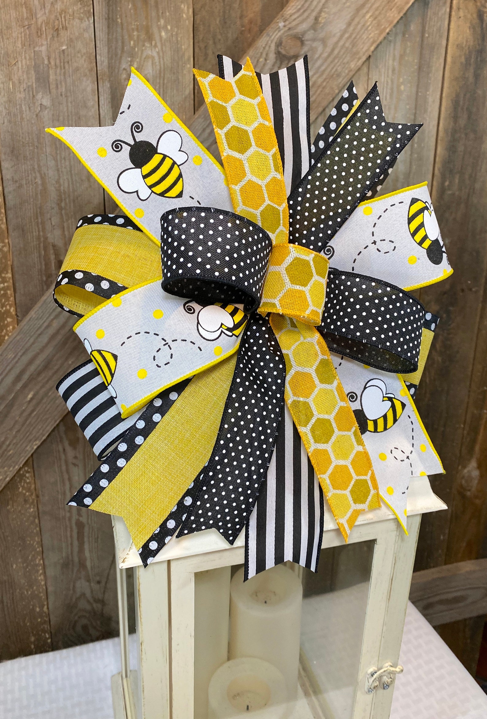 Spring Bee Bow for Lantern, Yellow Summer Ribbon Bow for Wreath, Bee ...