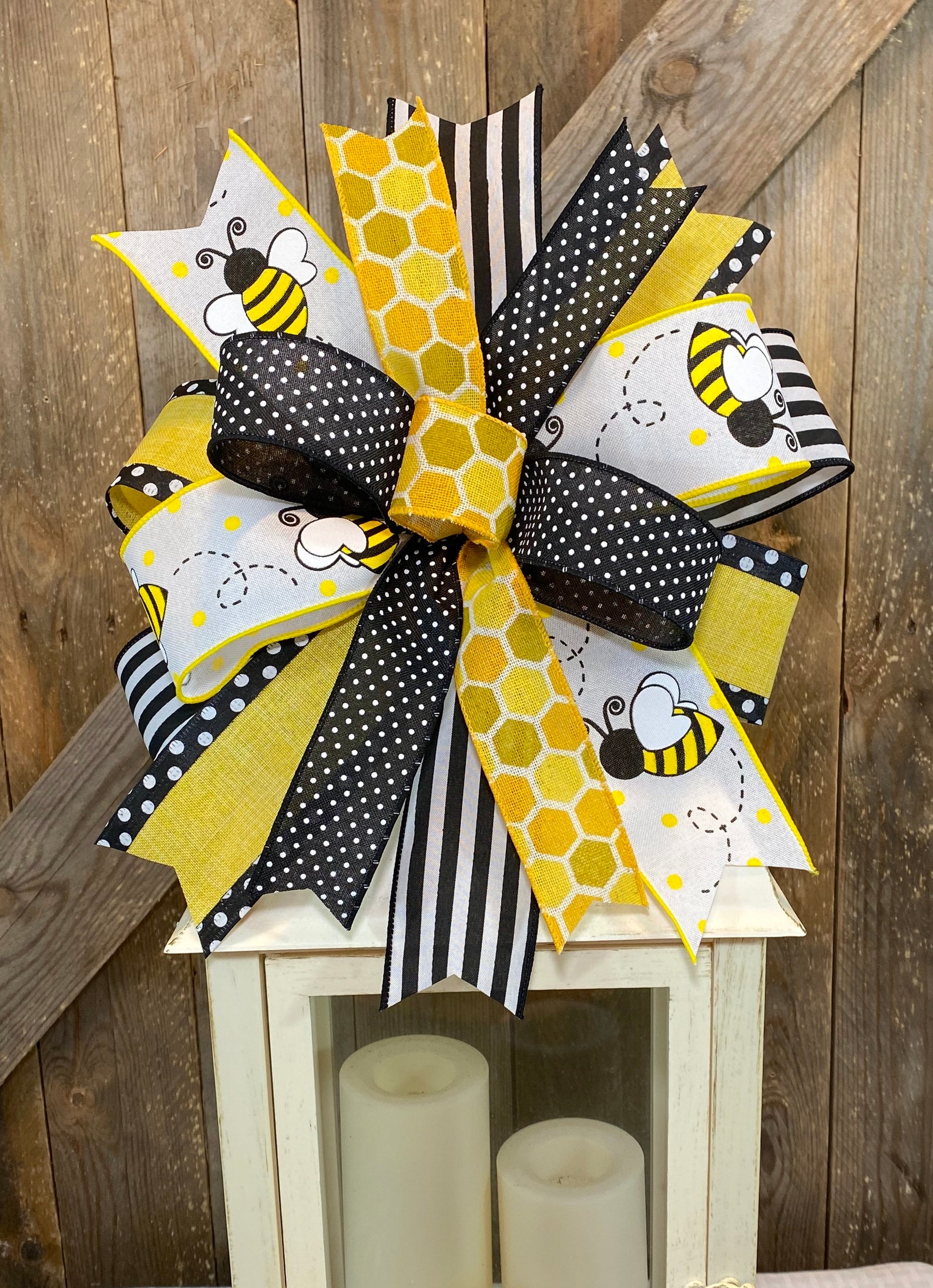 Spring Bee Bow for Lantern, Yellow Summer Ribbon Bow for Wreath, Bee ...