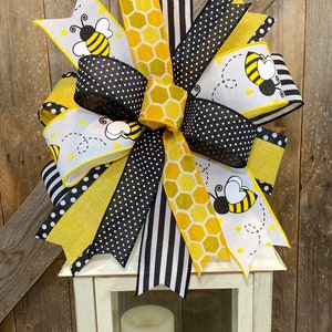 Spring Bee Bow for Lantern, Yellow Summer Ribbon Bow for Wreath, Bee ...