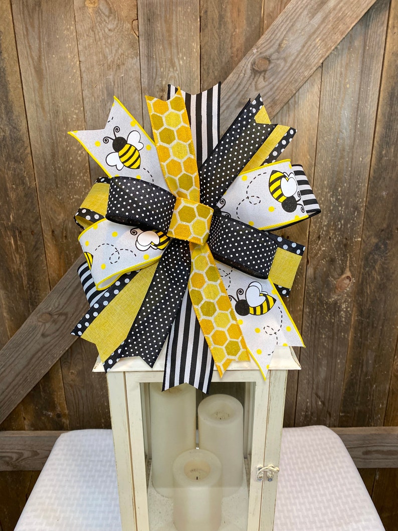 Spring Bee Bow for Lantern, Yellow Summer Ribbon Bow for Wreath, Bee ...