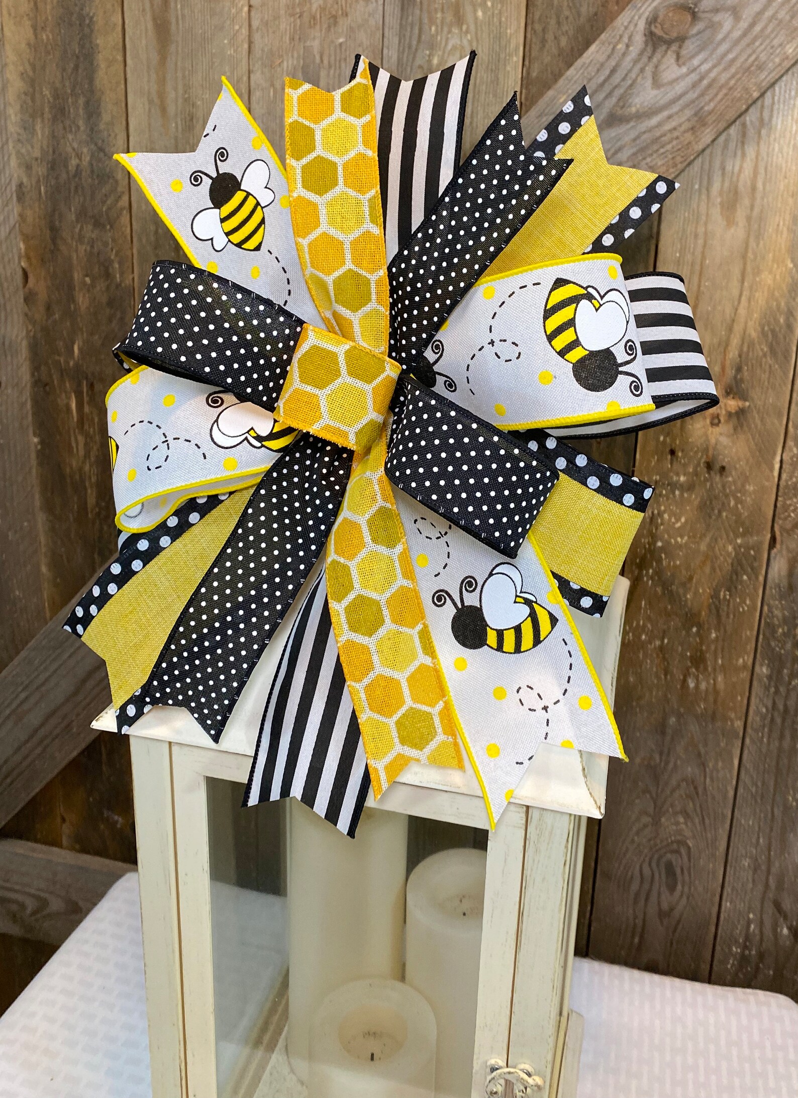 Spring Bee Bow for Lantern, Yellow Summer Ribbon Bow for Wreath, Bee ...
