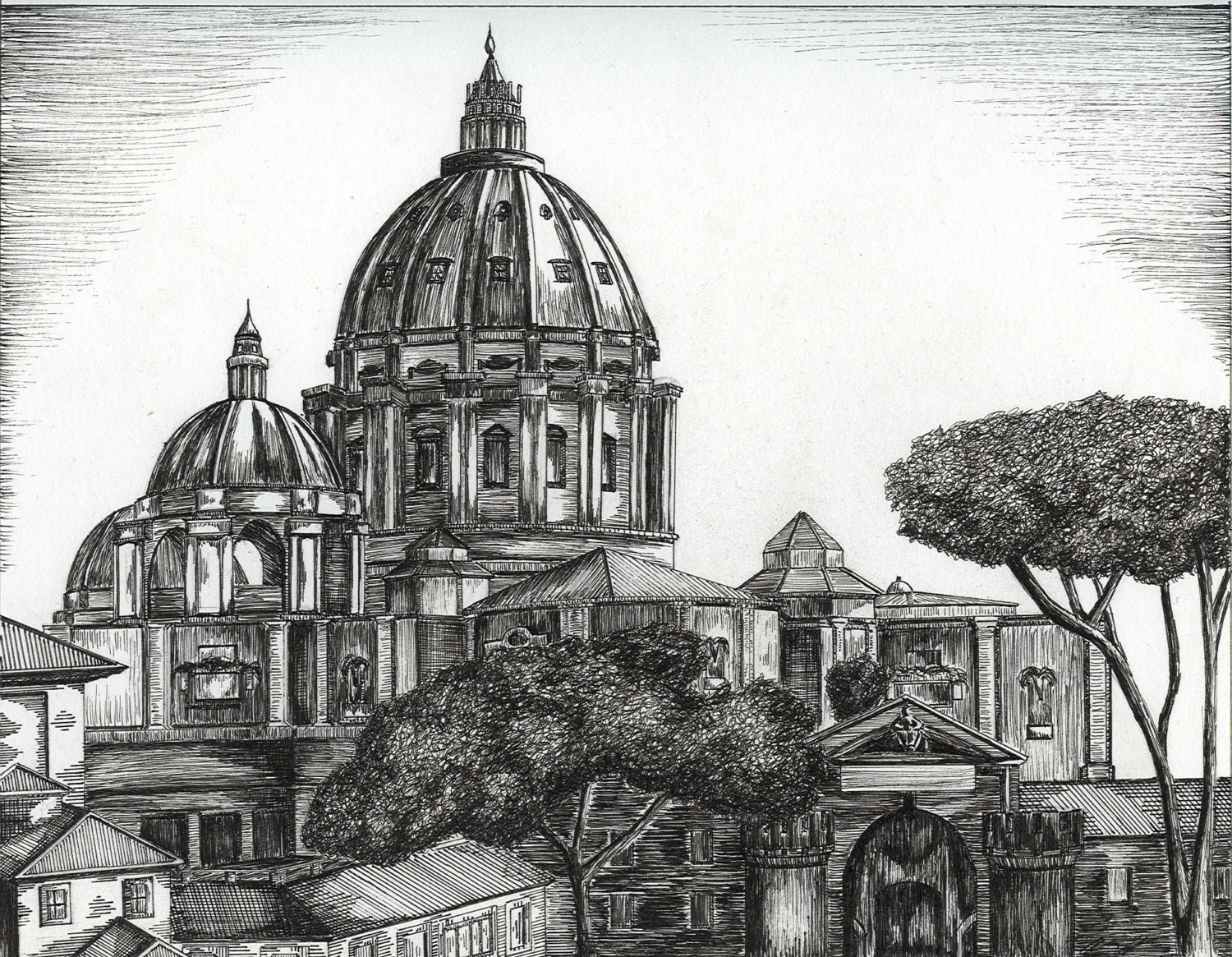 St Peter's Basilica Rendering Architecture Drawing Pen and Ink Hand ...