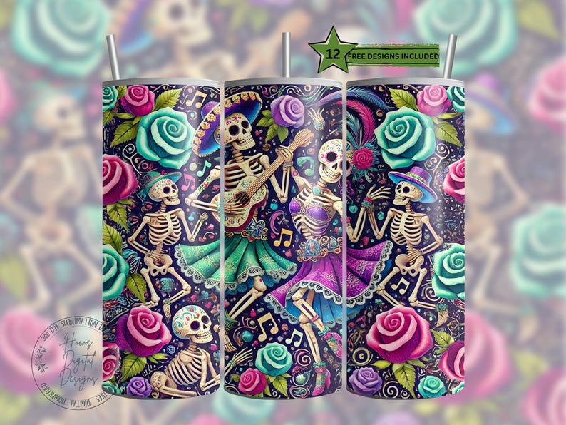 Dancing Skeletons Tumbler Wrap PNG Colorful 20oz Halloween Sublimation ...