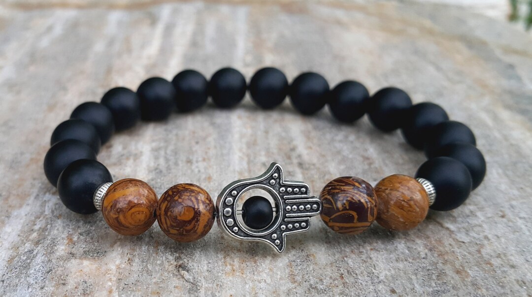 Men's Hamsa Bracelet, Black Onyx, Miriam Jasper Stone, Good Luck Amulet ...