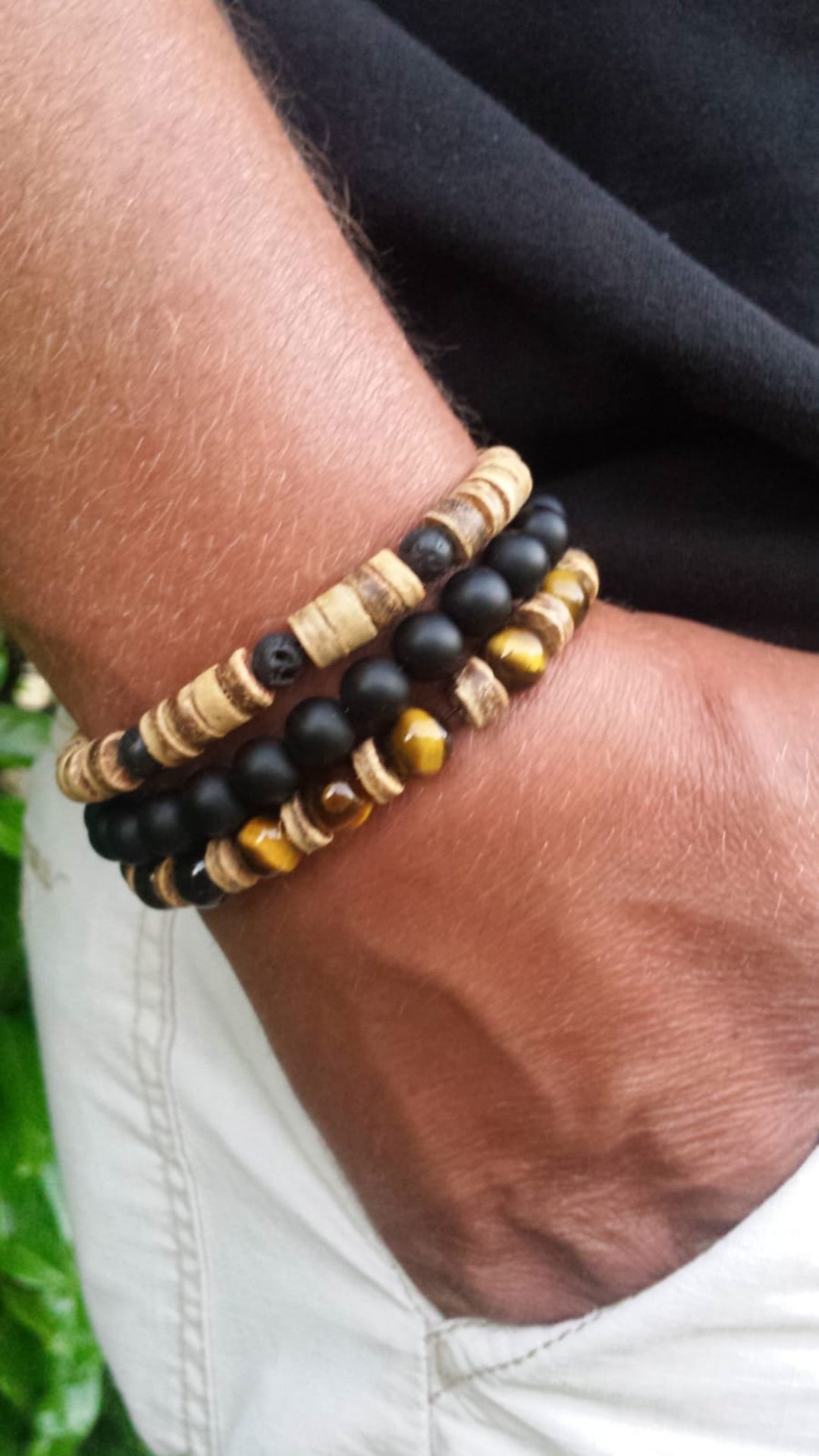 Men's Gemstone Bracelet Set: Coconut Wood, Tigers Eye, Onyx, Lava Stone ...