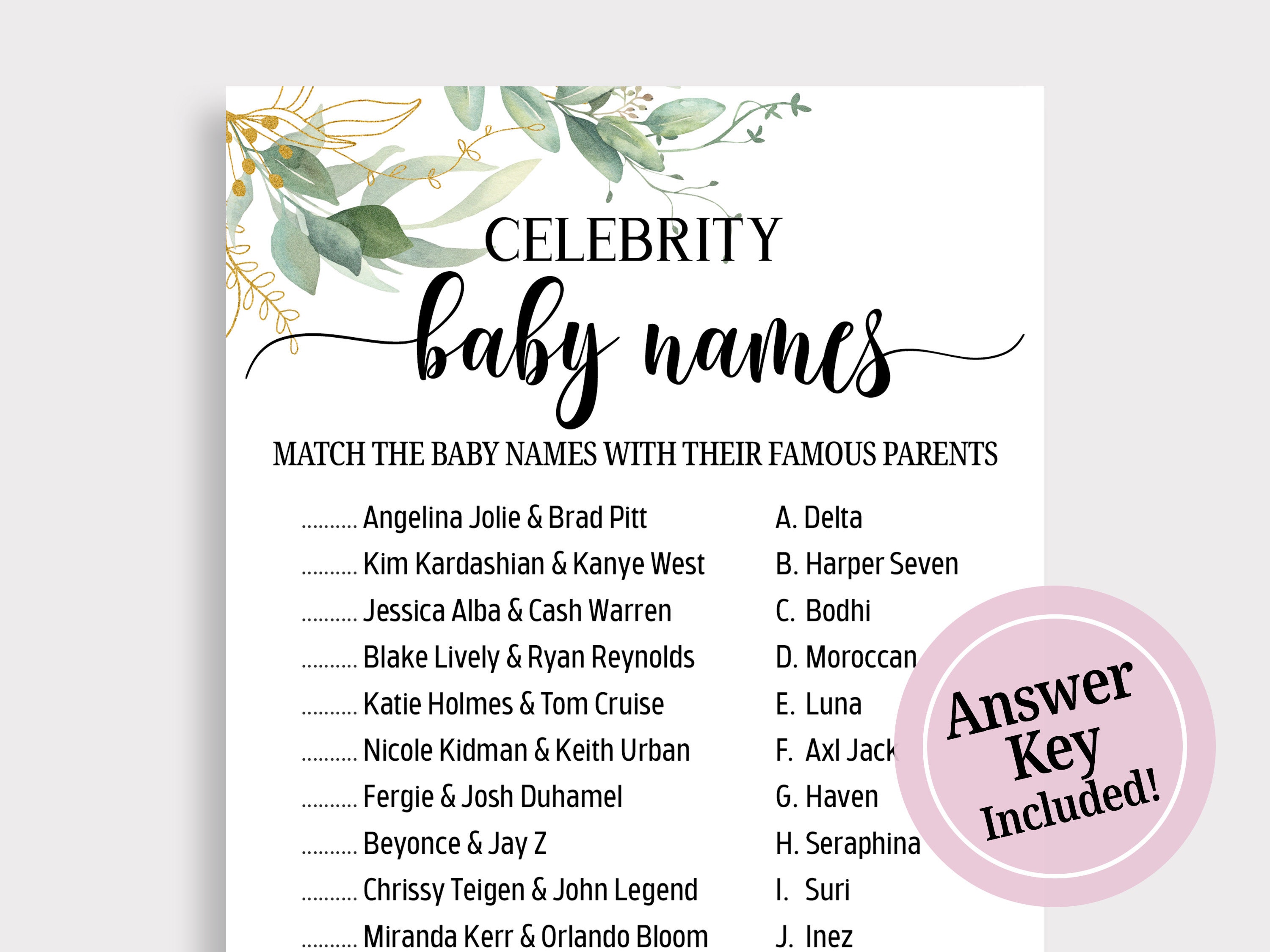 Celebrity Baby Names Baby Shower Game Printable Greenery Baby | Etsy