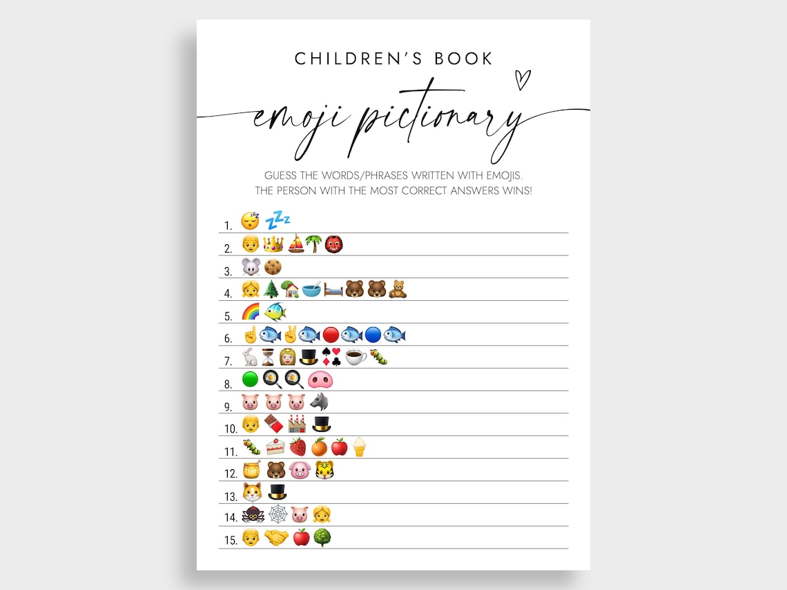 Children's Book Emoji Pictionary Game, Baby Shower Emoji Game, Emoji ...