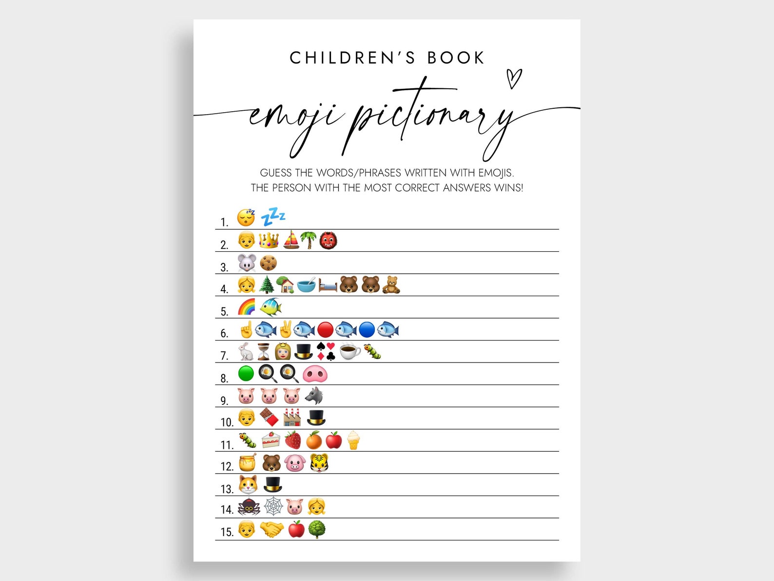 Children's Book Emoji Pictionary Game, Baby Shower Emoji Game, Emoji ...
