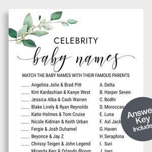 Celebrity Baby Names Baby Shower Game Printable Greenery Baby Shower ...