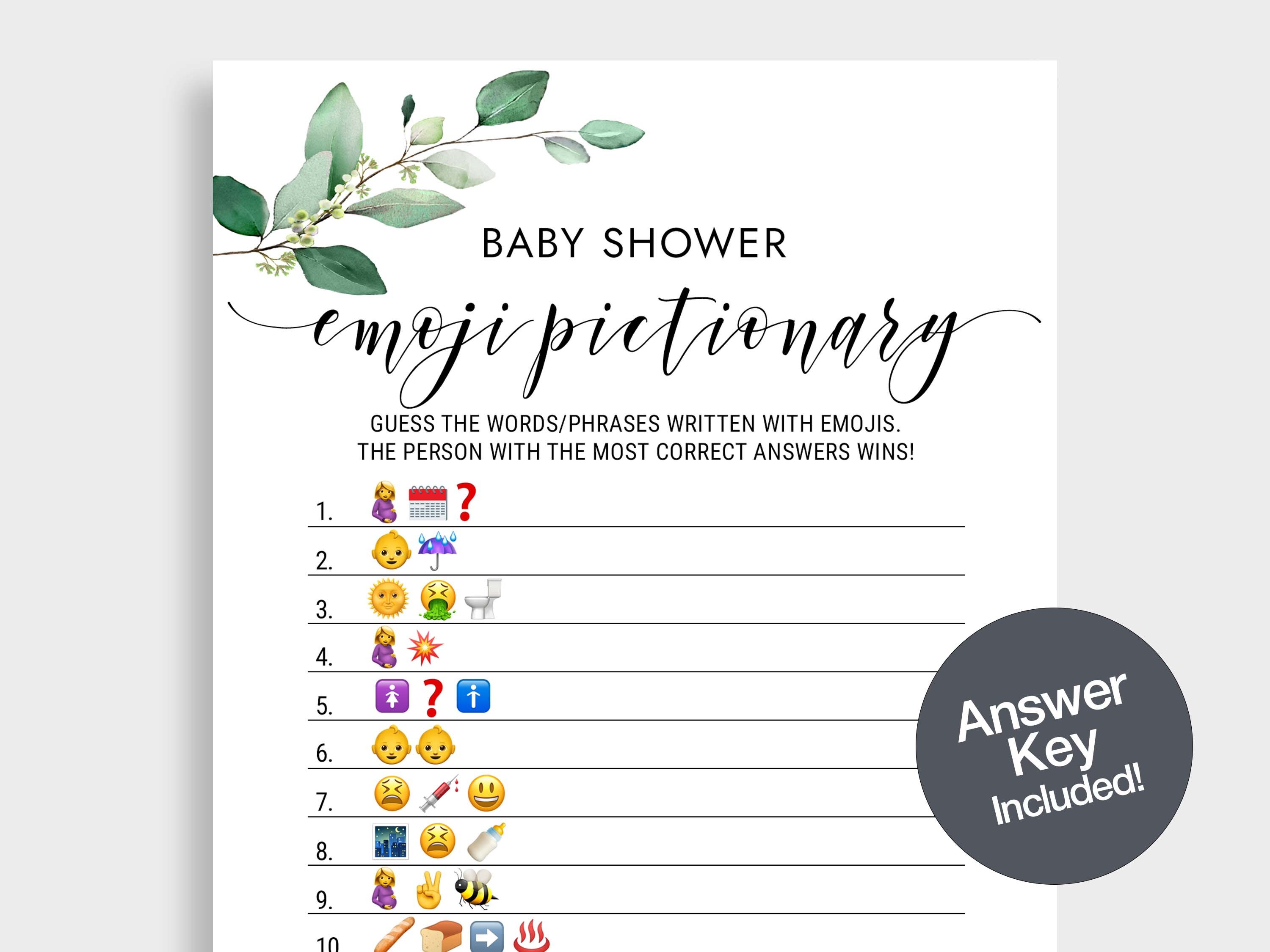 Baby Shower Emoji Pictionary Game, Greenery Theme (printable Download ...