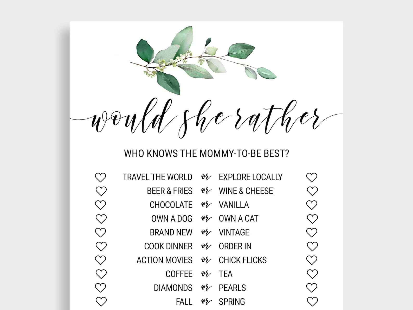 Would She Rather Baby Shower Game, Greenery Design (digital Download ...