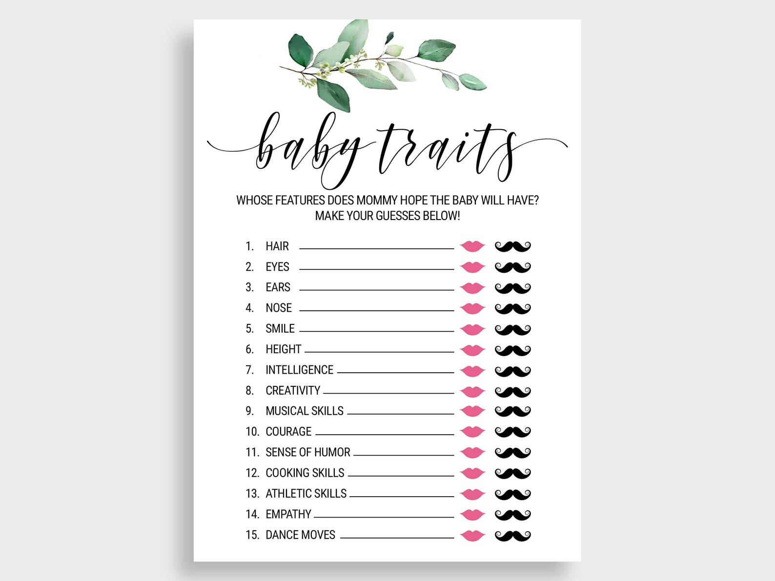 Baby Traits Game Baby Shower Game Printable Baby Shower Instant ...