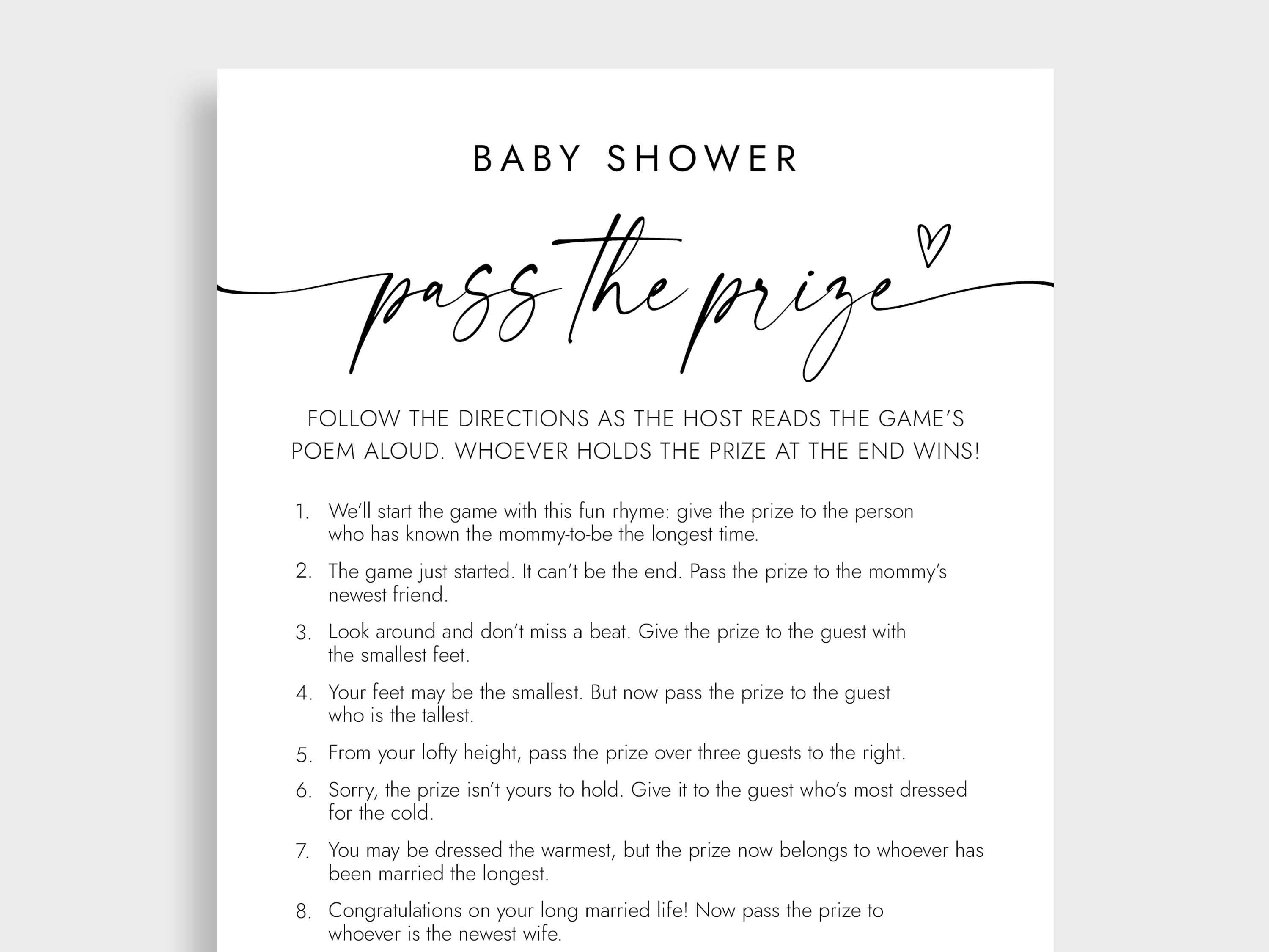 Pass the Prize Rhyme Game Baby Shower Games Minimalist Baby Shower Game ...