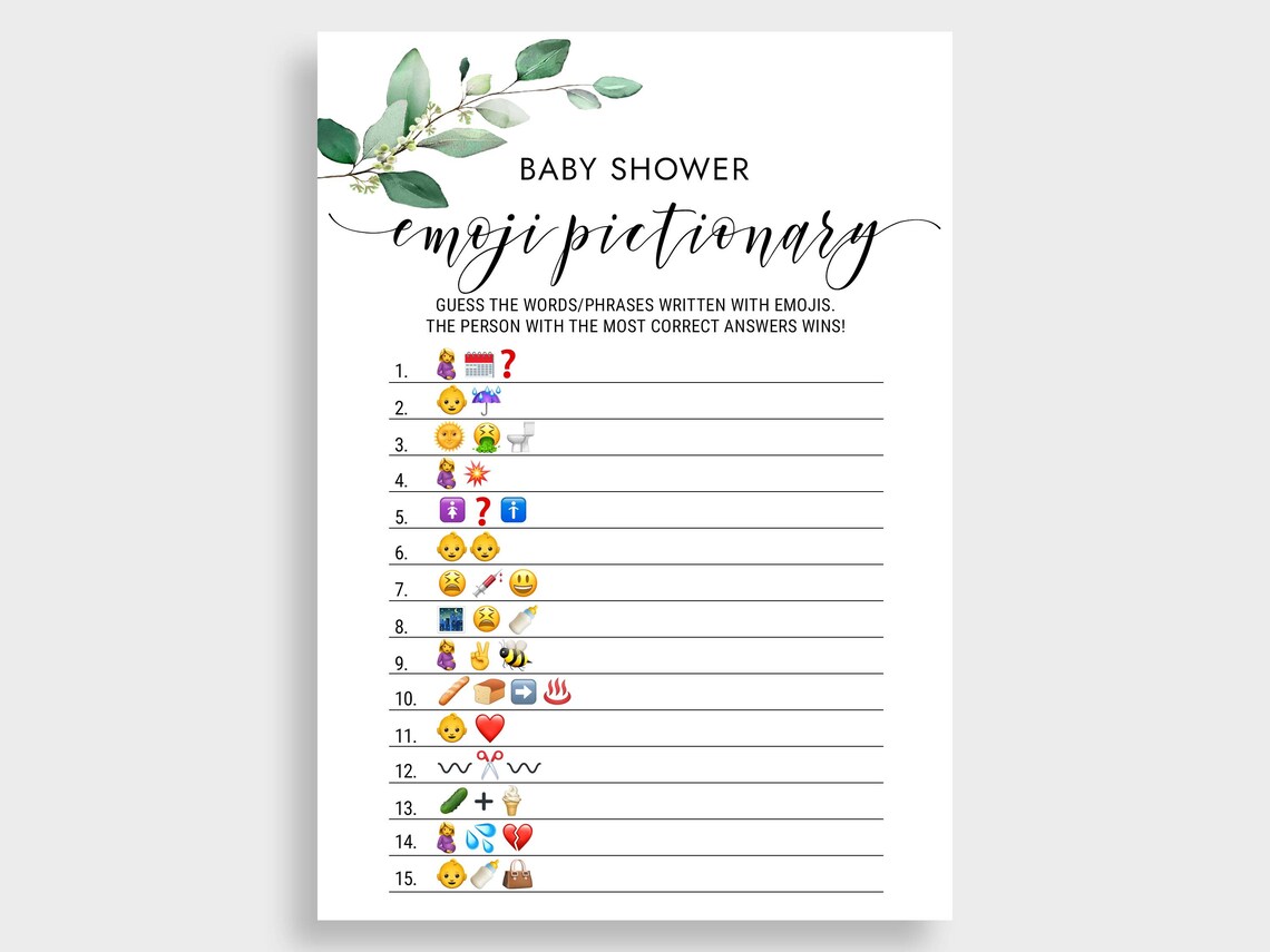 Baby Shower Emoji Pictionary Game, Greenery Theme (printable Download ...